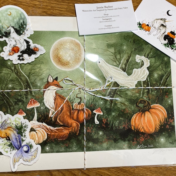 Fox Art Watercolor Print - Ghosty Meets a Foxicorn - Fantasy Art ...