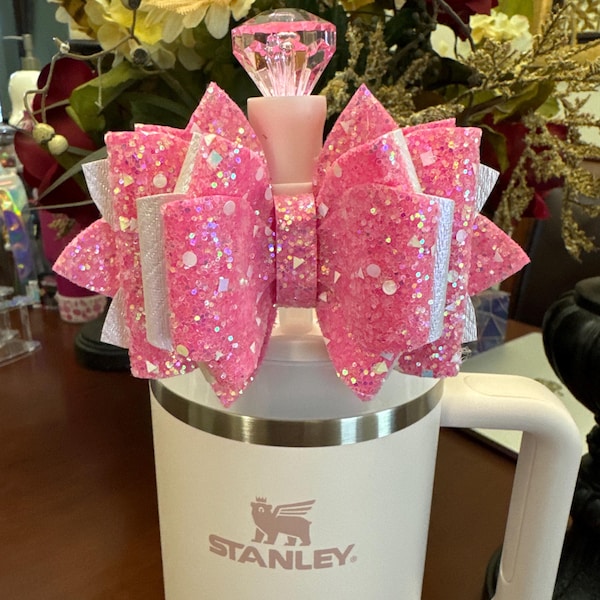 Stanley Tumbler Bow Iridescent Pink Light Pink Glitter Straw Topper ...