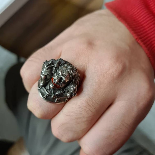 Joker Silver Ring Clown 5 Joker Faces Ring Craft Handmade Ring Large ...