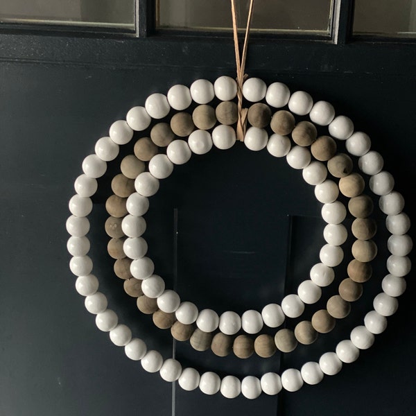 Large White Wreath, Hoop Wreath, Wood Bead Wreath, Everyday Wreath ...