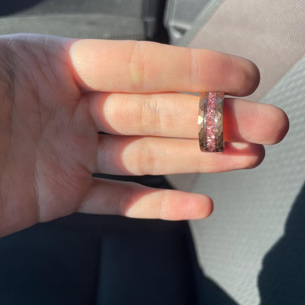 Crushed Morganite Rose Gold Wedding Band 8mm Hammered Tungsten Ring ...
