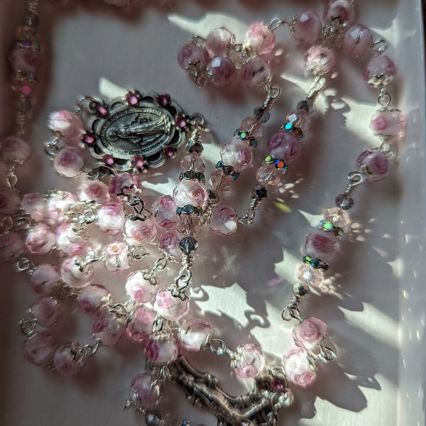 ROSEBUD PINK CRYSTAL Rosary Catholic Wedding Aurora Borealis Lampwork ...