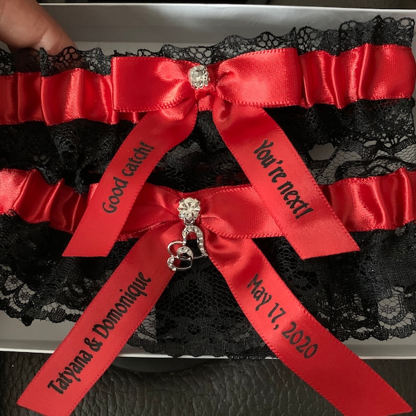 Personalized Black Lace Garter Set, Red Satin Bow, Keepsake Double ...