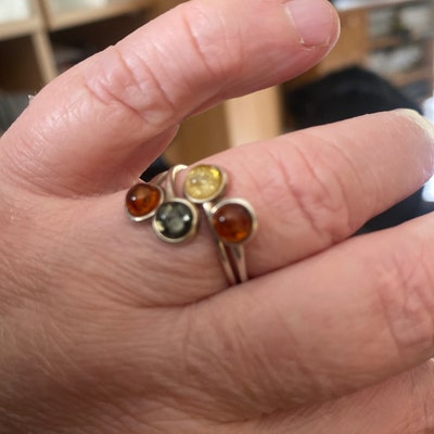 Multicolored Amber Adjustable Ring on 925 Silver, Amber Ring ...