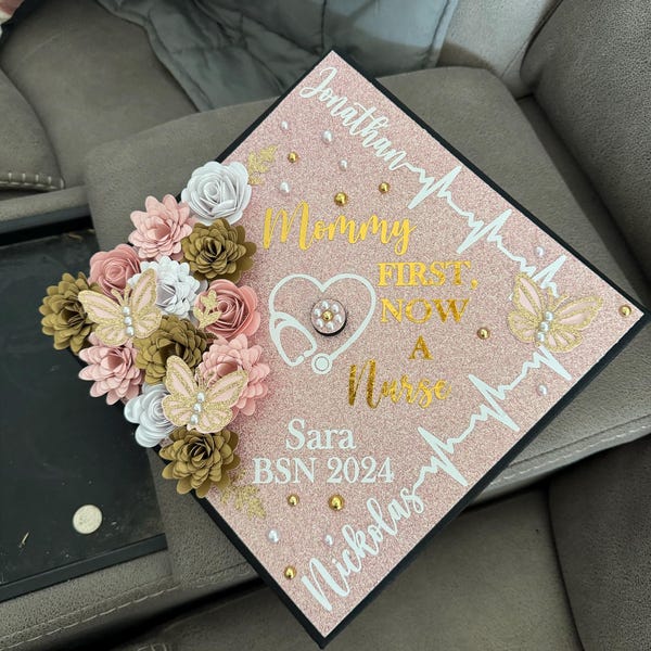 Pink Gold Graduation Cap Topper, Custom Grad Cap, Nurse Grad Cap ...