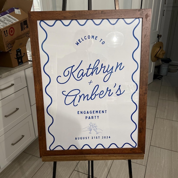 Wavy Border Engagement Party Easel Welcome Sign Template Squiggly ...