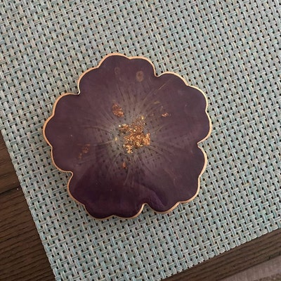 Dark Purple Flower Coasters With Gold Accents, Handmade Epoxy Resin ...