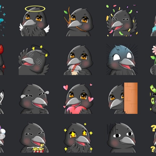 Cute Kawaii Black Crows Twitch Discord Emotes / Raven Emoji ...