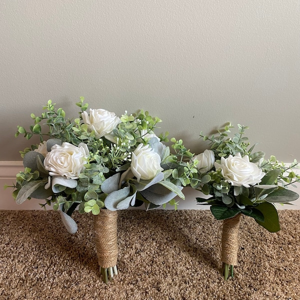 Boho Rose Wedding Bouquet, Realistic White Roses & Greenery Bridal ...