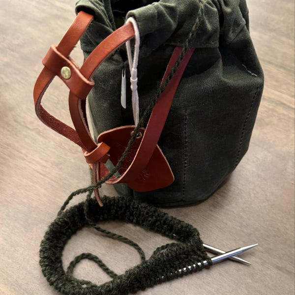 Knitting Project Bag NATURAL Canvas and Golden Brown English Bridle ...