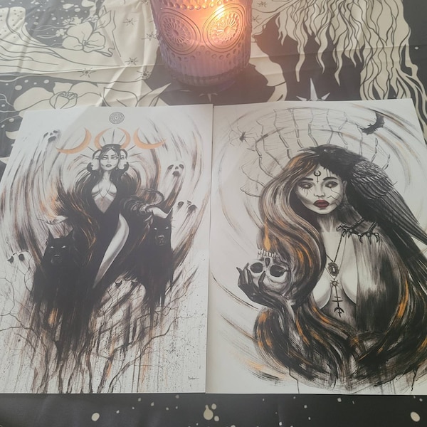 Black Raven & Golden Moon Phases - Art Print, Flying Raven Watercolor ...