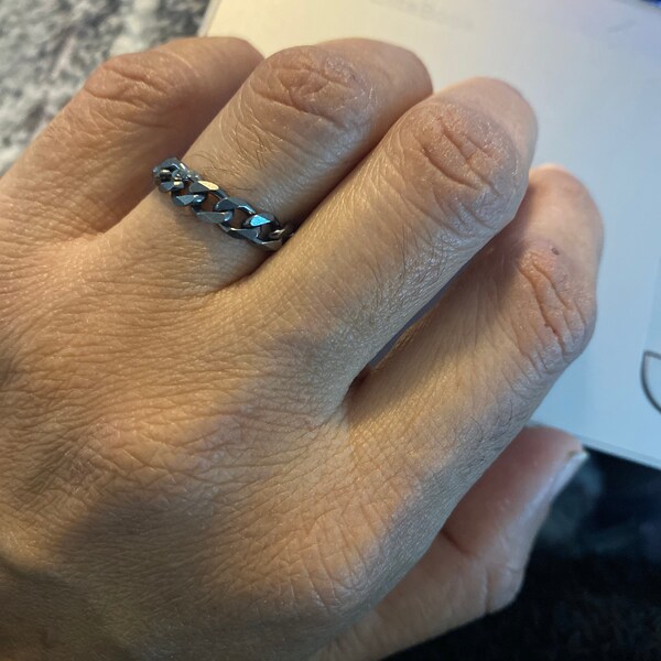 Solid Silver Curb Chain Ring, Oxidized Link Ring, 925 Sterling Silver ...
