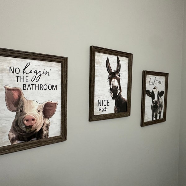 Set of 3 Bathroom Art Cow Donkey Pig Bathroom Wall Decor | Funny ...