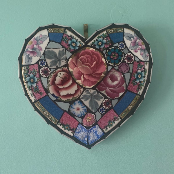 Large Mosaic Heart Made From Vintage China Featuring Yellow Roses and ...