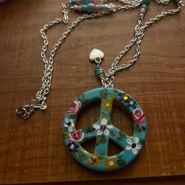 Little Peace Sign Charm Necklace Colorful Flowers Boho Hippie Jewelry ...
