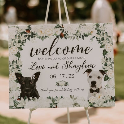 Dogs Wedding Welcome Sign Printable,white Flowers Wedding Welcome Sign ...