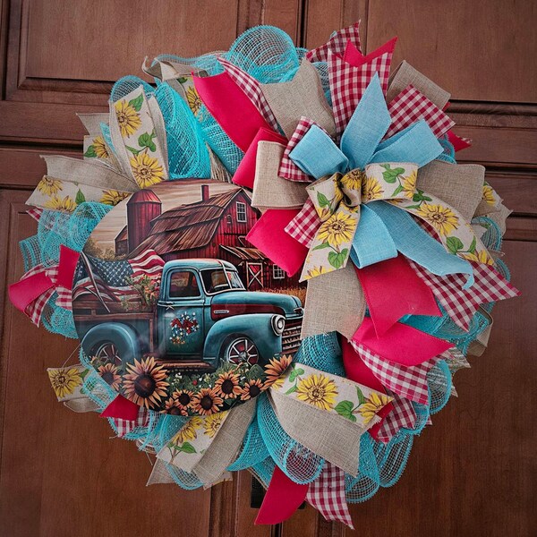 Blue Truck With Sunflowers Wreath Sign, Metal Wreath Sign, Signs for ...