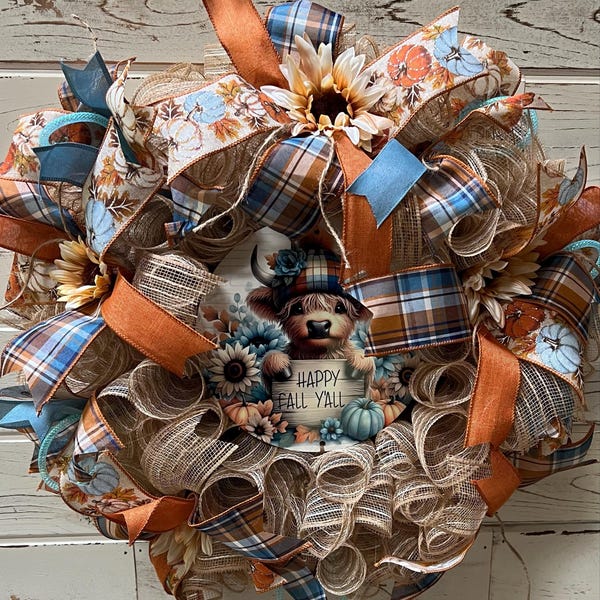 Happy Fall Wreath Sign, Wreath Attachment, Blue & Orange Pumpkins, Fall ...