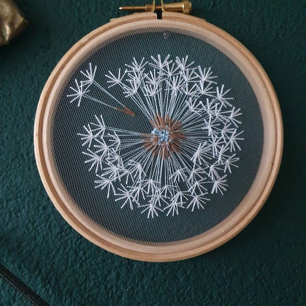 Exquisite Hand Embroidered Dandelion in a Dew on Tulle. Bohemianwall ...
