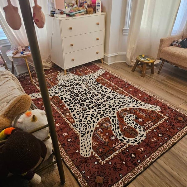 Leopard Pattern Rug Red & Blue Stunning Carpet Animal Print Rug for ...