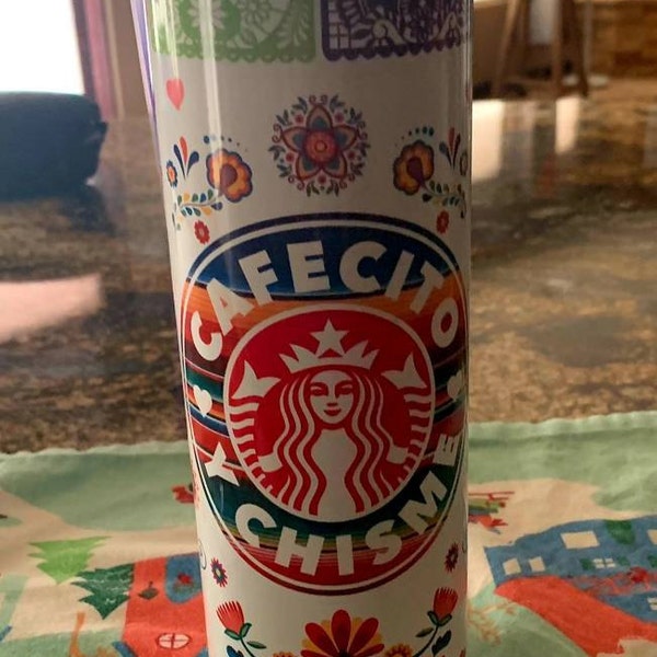 Cafecito Y Chisme 20oz Skinny Tumbler Colorful Mexican Theme Banner ...