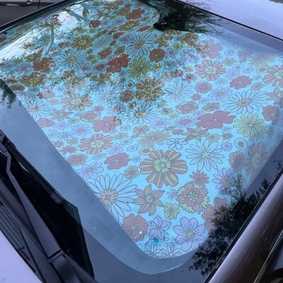 Groovy Flowers Windshield Sun Shade, Cute Hippie Floral Orange 70s Art ...
