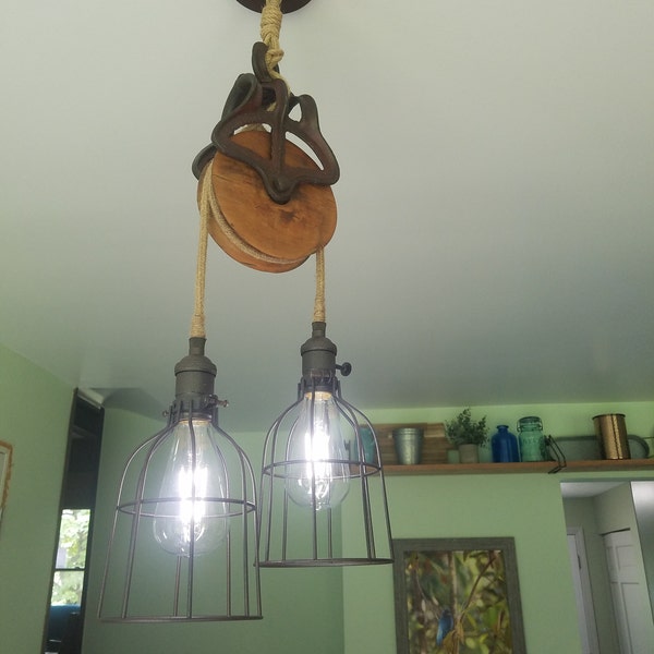 Rustic Farmhouse Pulley Lighting, Pendant Light With Antique Pulley for ...