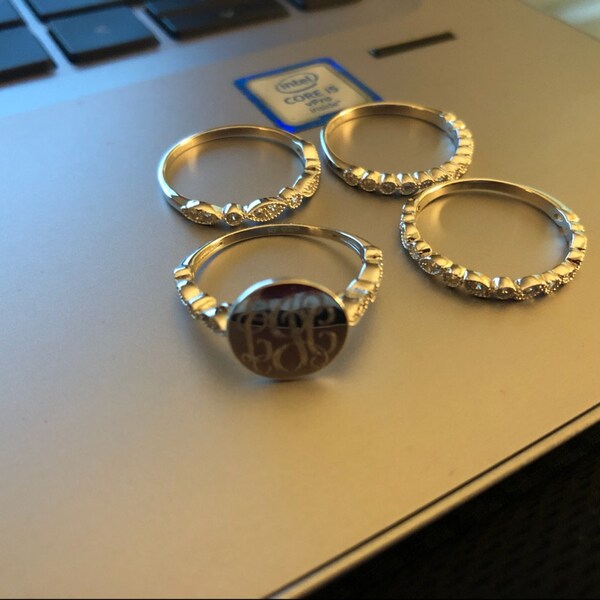 925 Silver CZ Stacking Monogram Ring, Wedding Set, Monogram Stackable Ring, Art Deco, Sterling ...