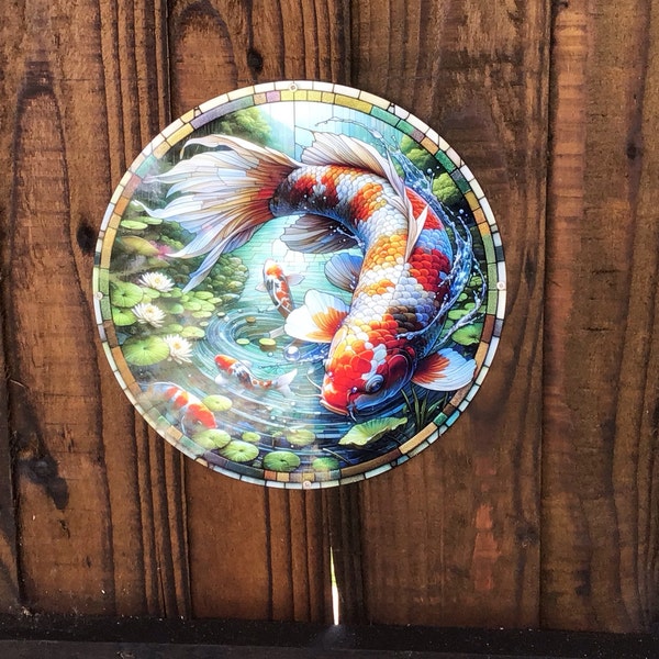 Koi Carp Sign, Garden Decor, FAUX Stained Glass Garden Art, Japanese ...