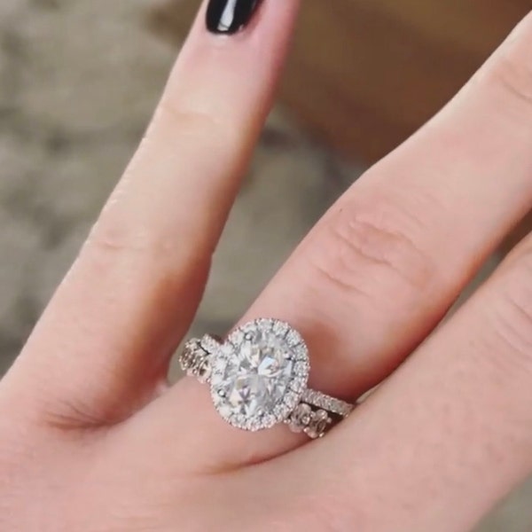 Art Deco Oval 6x8mm Moissanite Diamond Engagement Ring, Pave Set Halo ...