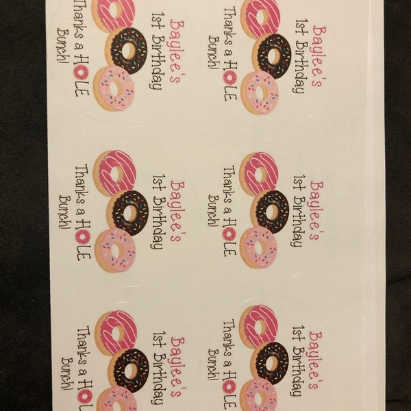 Personalized Glossy Donut Birthday Party Favor Labels - Doughnut Favor ...