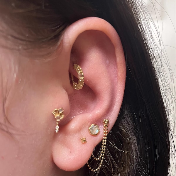 14K Solid Gold Chain Attachment Beaded Chain Dangle Ear Jacket Chain ...