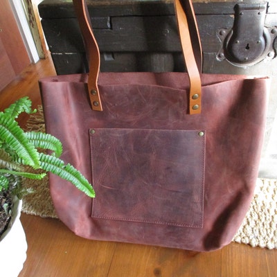 Distressed Leather Red Tote, HUGE SALE Personalized Tote Bag, Leather ...
