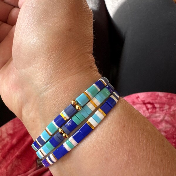 Green & Gold Stackable Beaded Bracelets | Glass Tile Bracelets | 24k ...