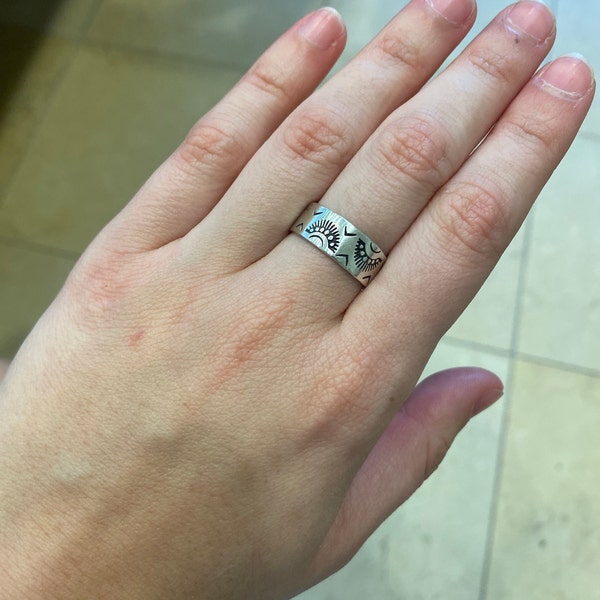 Indian Sun Stamped Silver Band Ring, Unique Stamped Pattern Ring ...