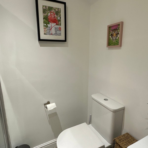 Pink Flamingo on Toilet Bathroom Print, Animal on Toilet Cloakroom Wall ...