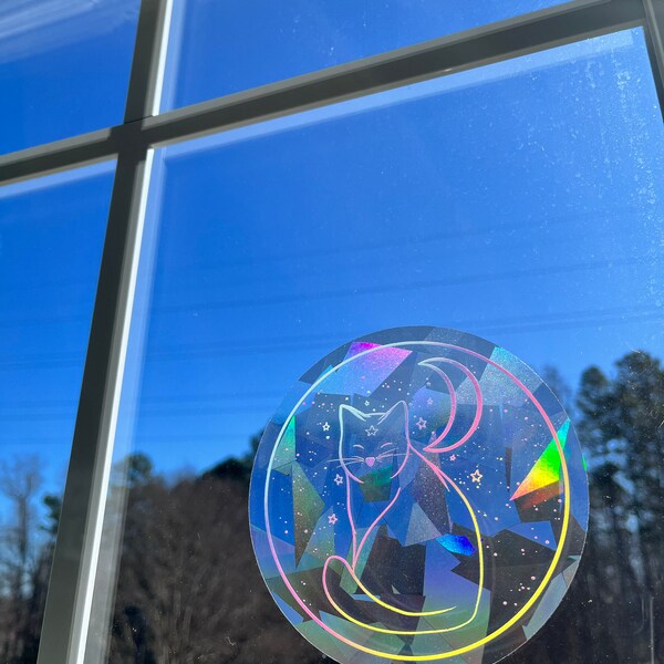 Cat Rainbow Maker Window Decal, Celestial Cat Suncatcher Decal, Cat ...