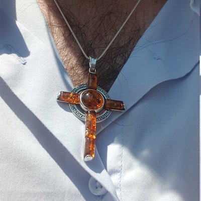 Amber Cross Necklace Silver Cross Jewelry, Large Cross for Men Gift for ...