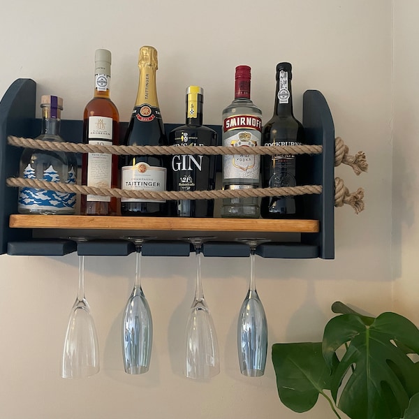 Wall Mounted Wine Bar Rack in Blue With Antique Pine Stain Finish ...