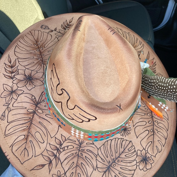 CUSTOM HAND BURNED Wide Brim Hat Bride Branded Hat Flowers and Leaves Burned Hat Western Hat - Etsy