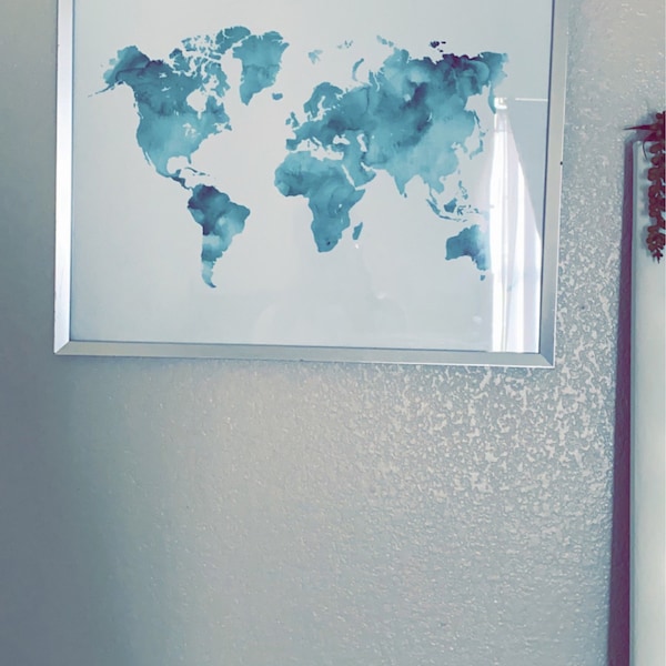 Teal Map Print, Abstract World Map Wall Art, Teal World Map Poster ...