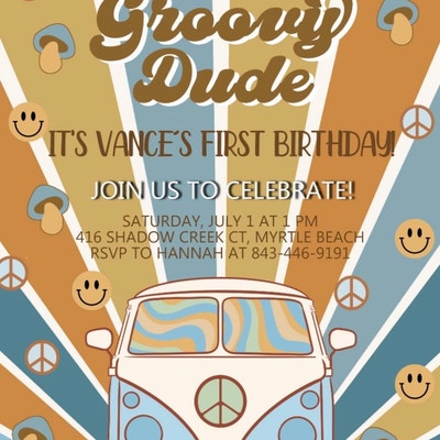 One Groovy Dude 1st Birthday Invitation, 70's Retro Hippie Guitar ...