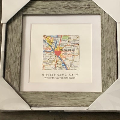 Framed Map & GPS Coordinates Custom Map Gift Latitude Longitude 5x5 ...