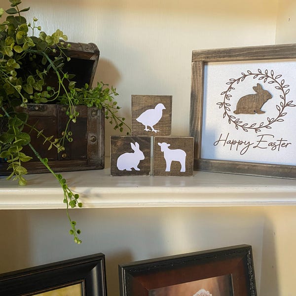 Happy Easter Farmhouse Style Neutral Bunny Sign - 3D Wooden Rabbit ...