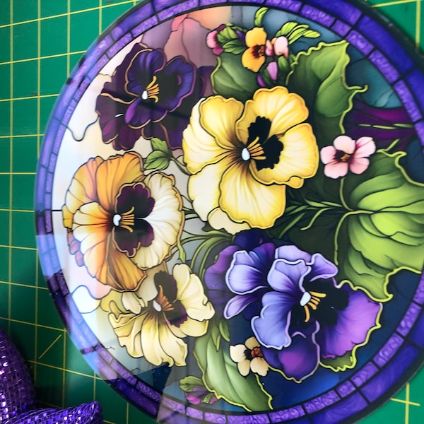 10” Pansies Stained Glass Look Sign, Metal Wreath Sign, Home Decor - Etsy