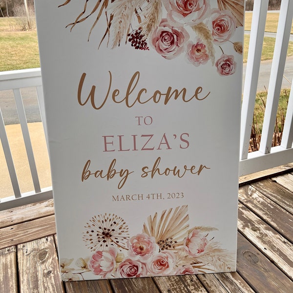 Boho Welcome Sign, Floral Baby Shower Sign, Pink Boho Baby Shower ...