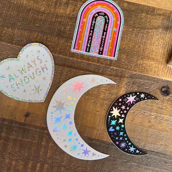 Holographic Moon & Stars Sticker Holo Celestial Night Sky Crescent Moon ...