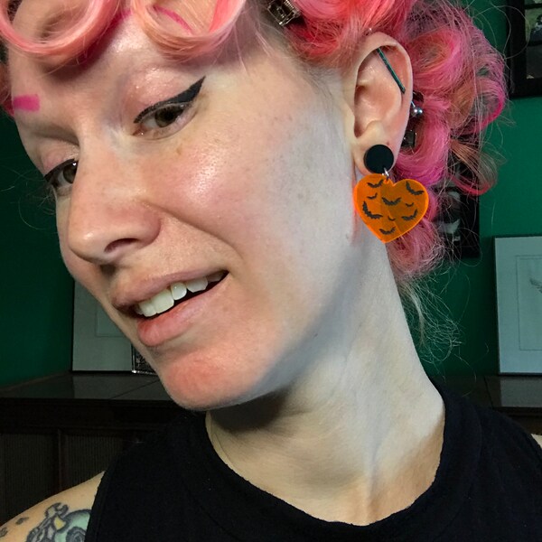 Fluorescent Orange Bat Heart Earrings - Etsy