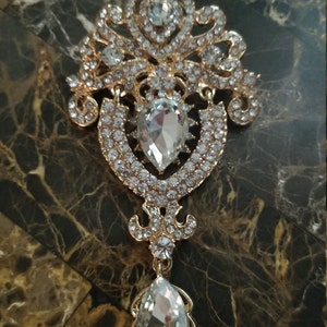 Gold Tone Rhinestone Flat Back Brooch Swinging Drop Pin Clear Crystal ...
