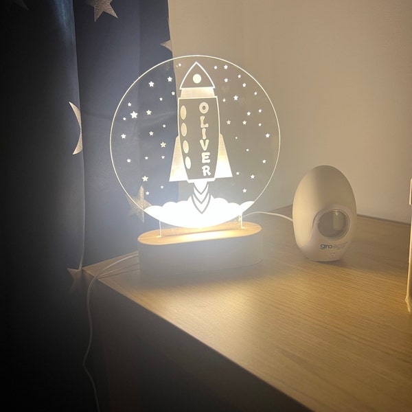 Personalised Rocket Spaceship LED Night Light With Solid Beech Wood ...